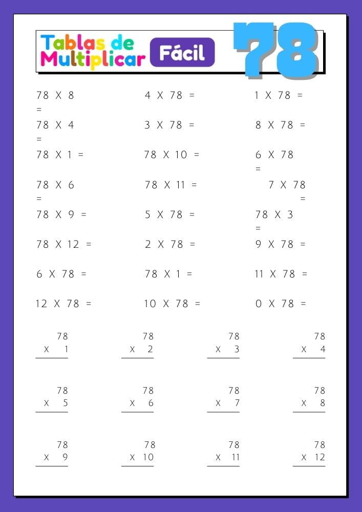 Tabla del 78 - La tabla de multiplicar del 78 para niños