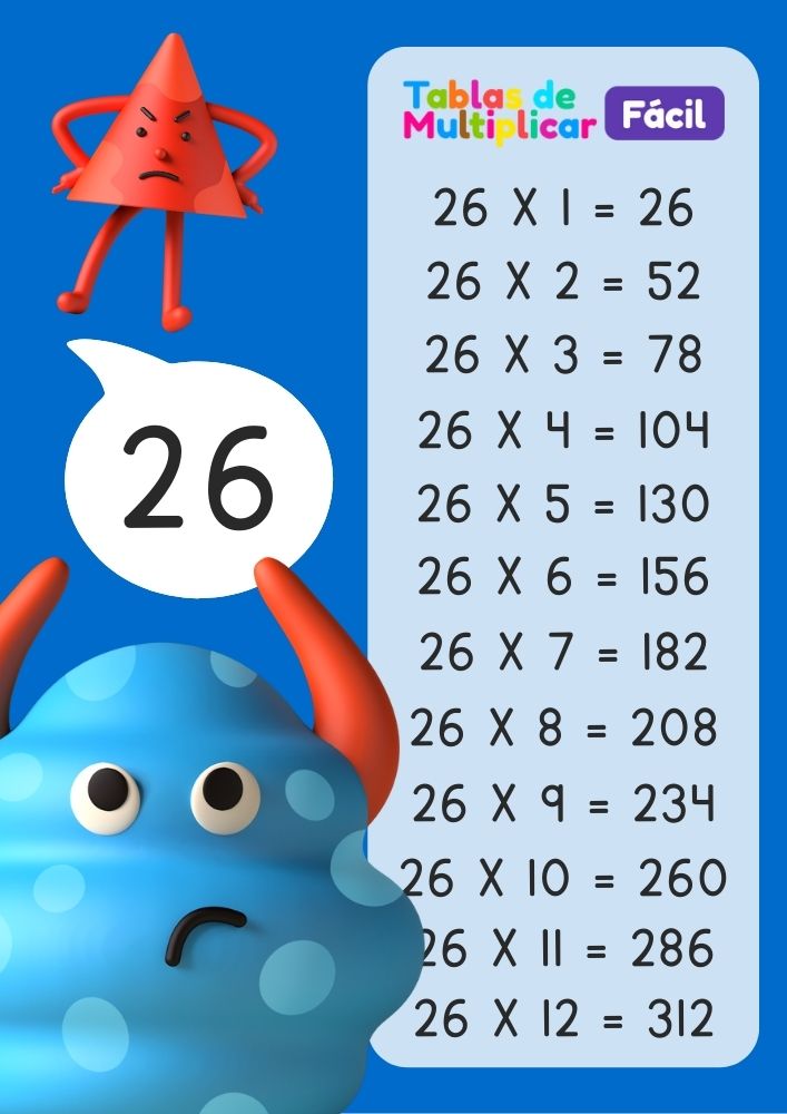 Tabla del 26 - La tabla de multiplicar del 26 para niños